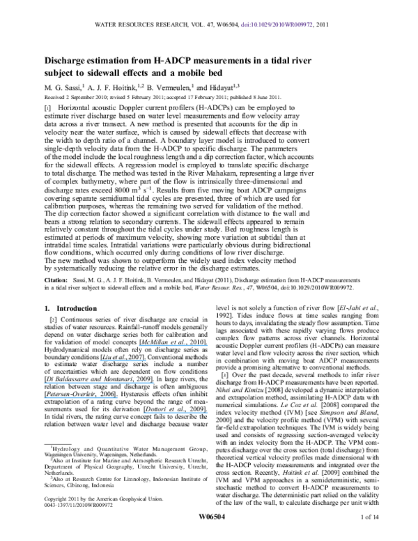 (PDF) Discharge estimation from H-ADCP measurements in a tidal river ...
