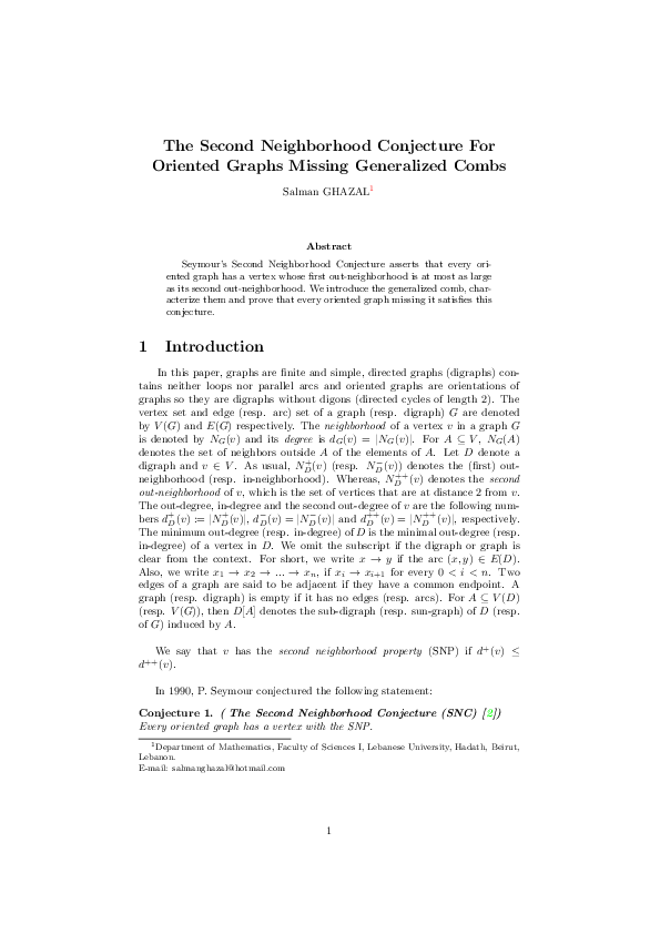 (PDF) The Second Neighborhood Conjecture For Oriented Graphs Missing Generalized Combs