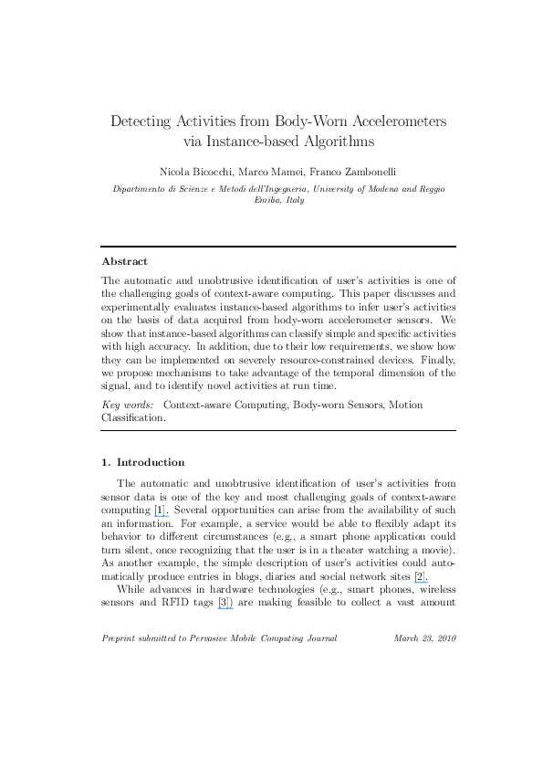 Pdf Detecting Activities From Body Worn Accelerometers Via Instance Based Algorithms