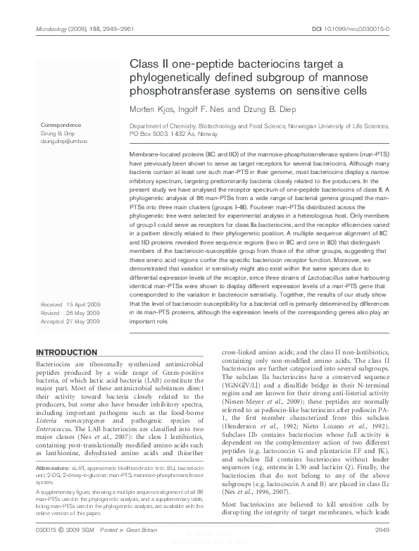 Pdf Class Ii One Peptide Bacteriocins Target A Phylogenetically Defined Subgroup Of Mannose