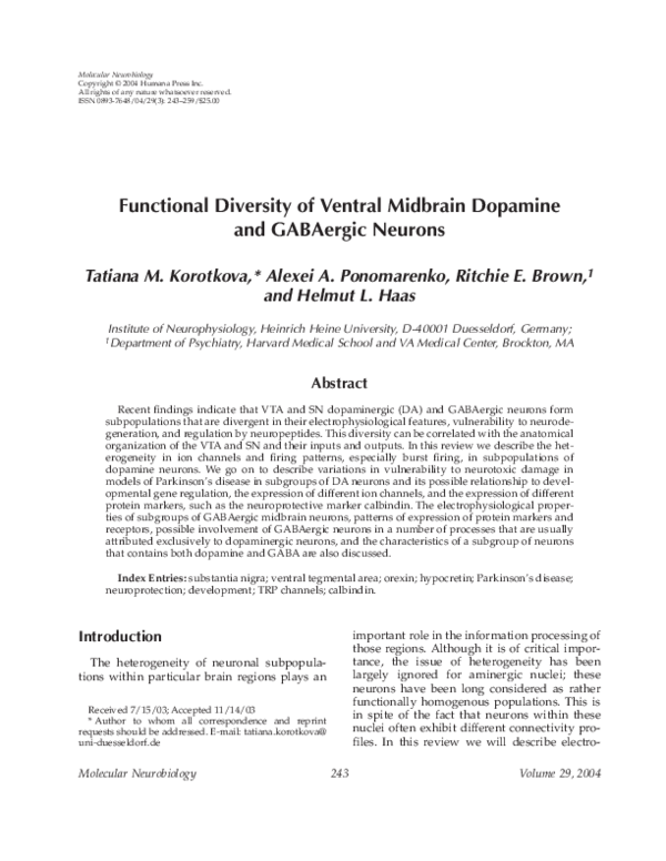 (PDF) Functional Diversity of Ventral Midbrain Dopamine and GABAergic ...