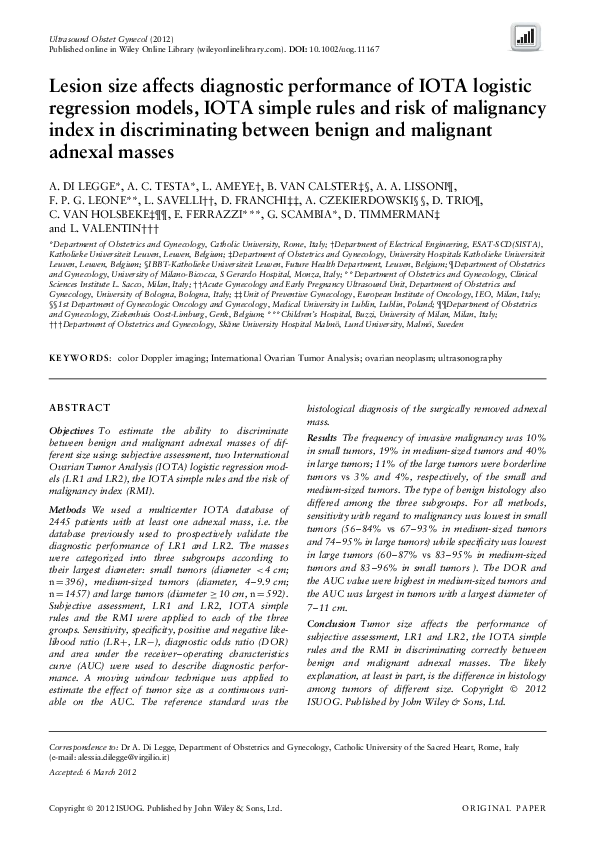 (PDF) Lesion size affects diagnostic performance of IOTA logistic ...