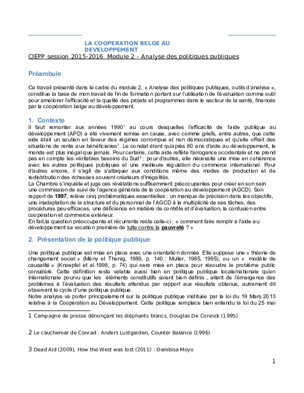 (DOC) Analyse PP la Cooperation belge au Developpement