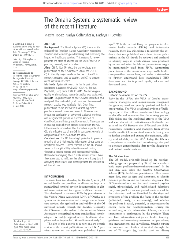 (PDF) The Omaha System: a systematic review of the recent literature