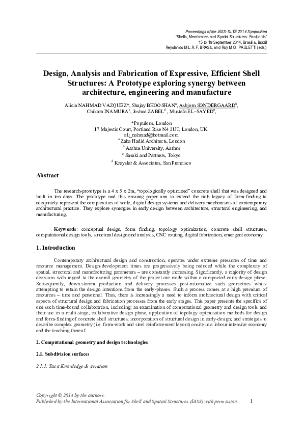 Pdf Design Analysis And Fabrication Of Expressive Efficient Shell Structures A Prototype