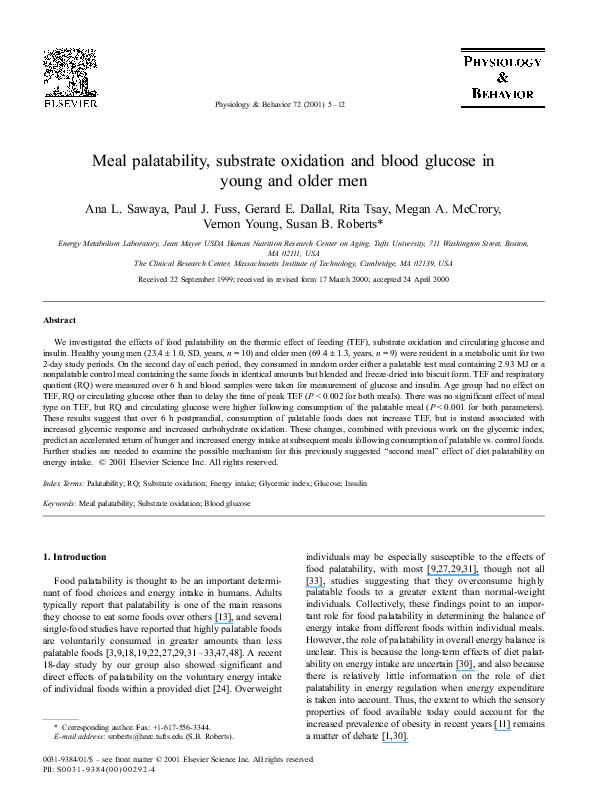 (PDF) Meal palatability, substrate oxidation and blood glucose in young ...