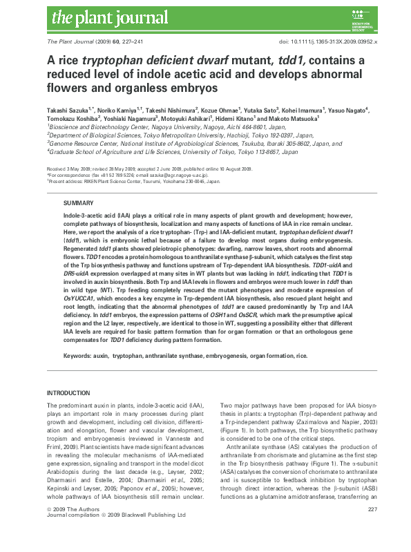 (PDF) A rice tryptophan deficient dwarf mutant, tdd1, contains a ...