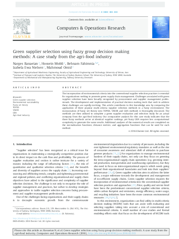 (PDF) Green Supplier Selection Using Fuzzy Group Decision Making Methods: A Case Study from the ...