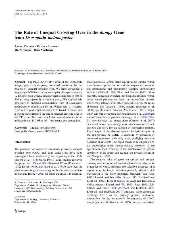 (PDF) The Rate of Unequal Crossing Over in the dumpy Gene from ...