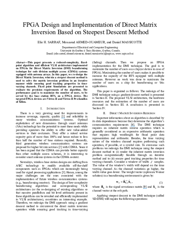 (PDF) FPGA design and implementation of Direct Matrix Inversion based on steepest descent method