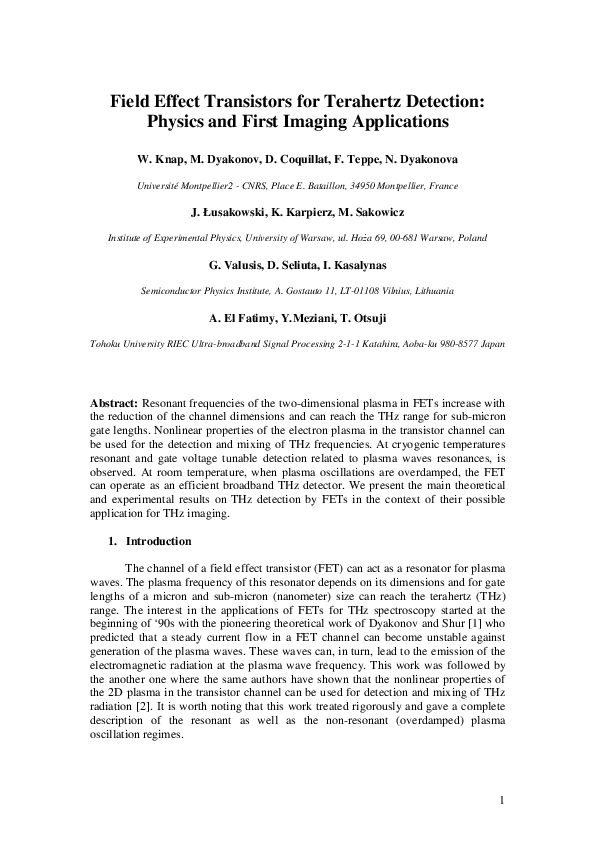(PDF) Field Effect Transistors for Terahertz Detection: Physics and ...