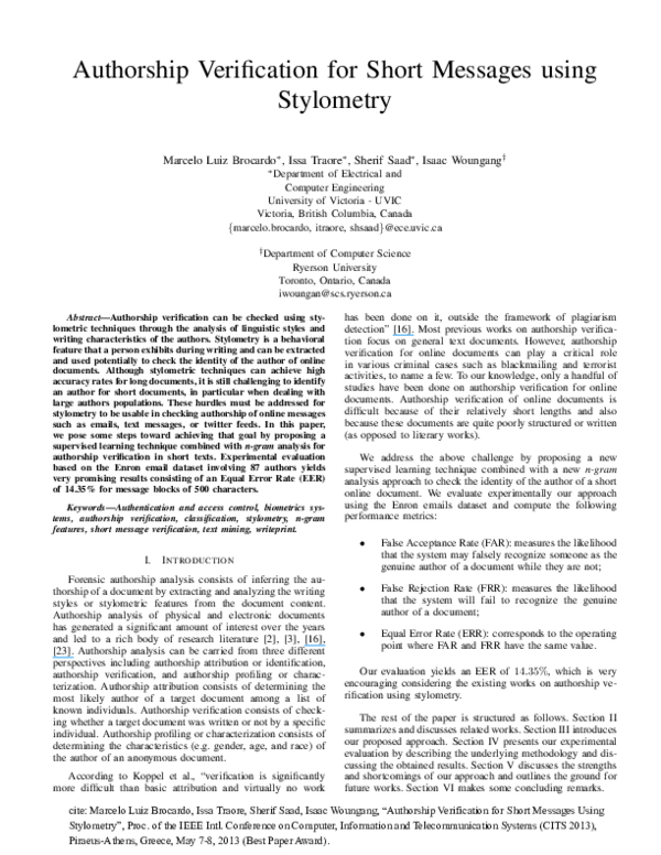 (PDF) Authorship verification for short messages using stylometry