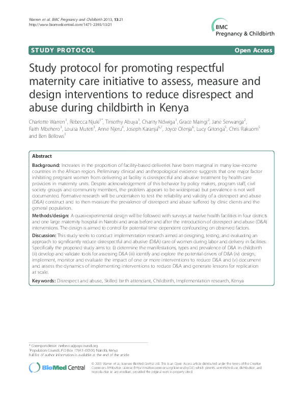 (PDF) Study protocol for promoting respectful maternity care initiative ...