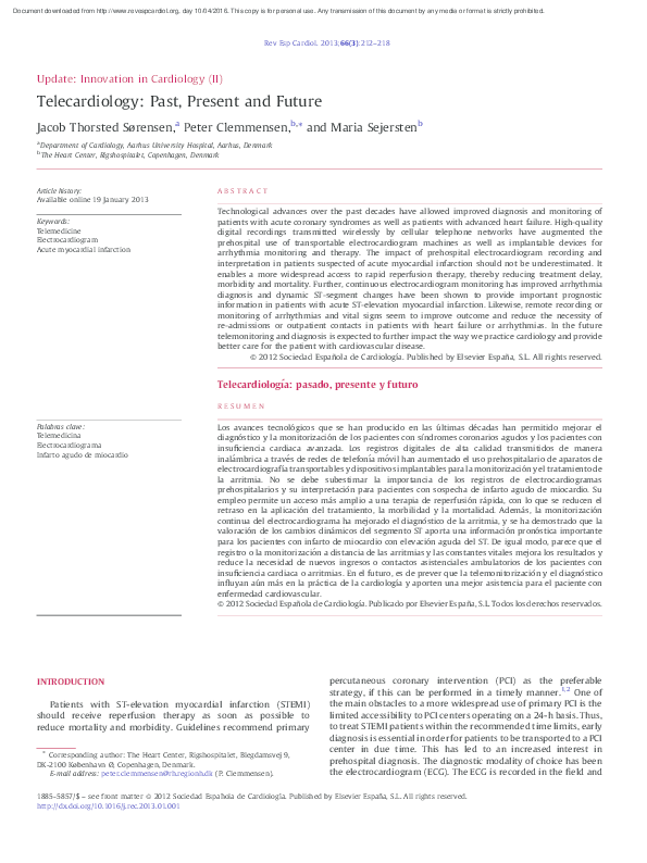 (PDF) Telecardiology: Past, Present and Future