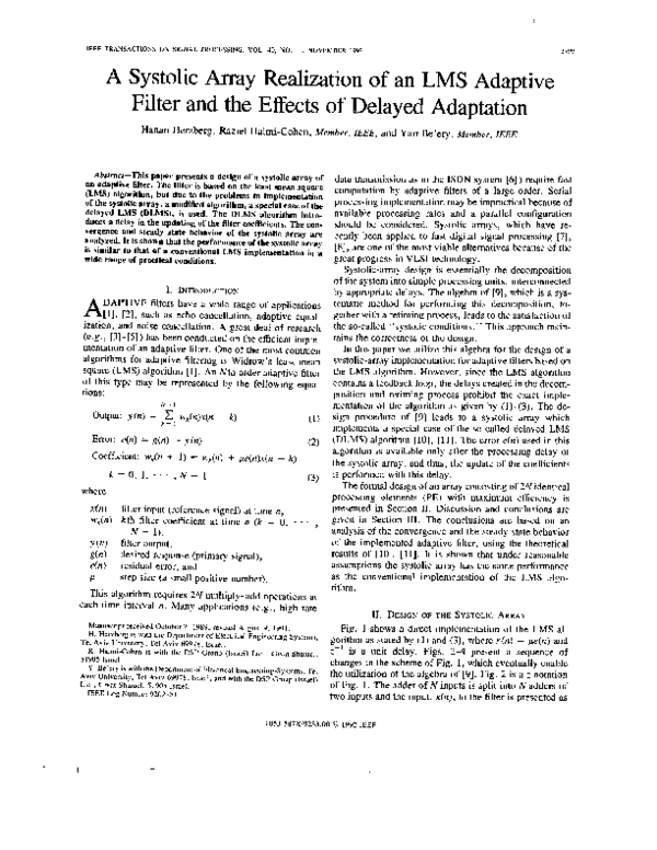 Pdf A Systolic Array Realization Of An Lms Adaptive Filter And The Effects Of Delayed Adaptation