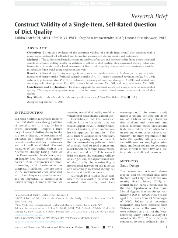 (PDF) Construct Validity of a Single-Item, Self-Rated Question of Diet ...