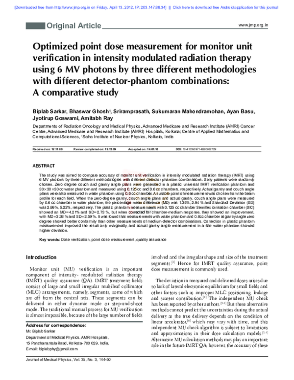 Pdf Optimized Point Dose Measurement For Monitor Unit Verification In