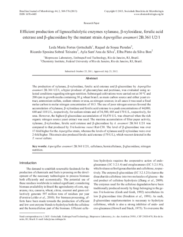(PDF) Efficient production of lignocellulolytic enzymes xylanase, β-xylosidase, ferulic acid ...