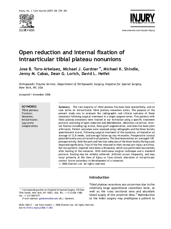 (PDF) Open reduction and internal fixation of intraarticular tibial ...