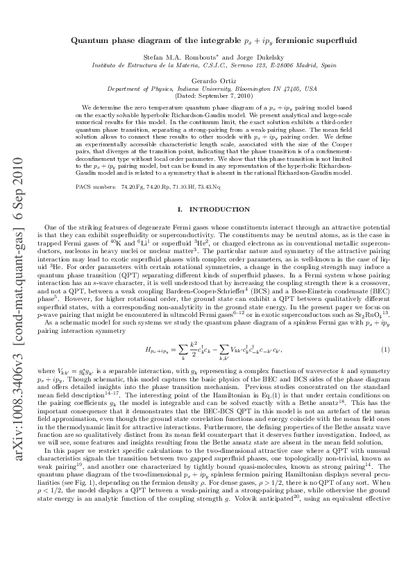 (PDF) Quantum phase diagram of the integrable p_{x}+ip_{y} fermionic ...