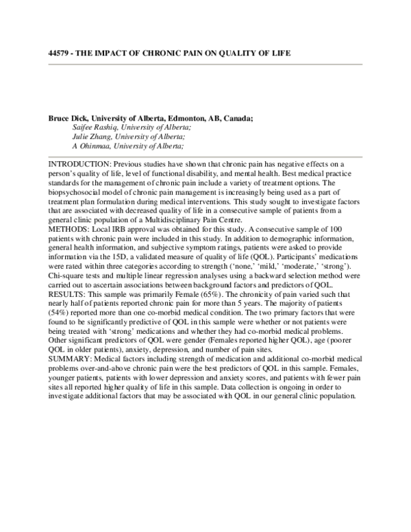 (PDF) The impact of chronic pain on quality of life