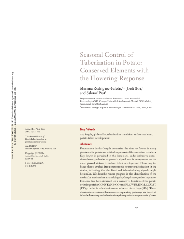 (PDF) SEASONAL CONTROL OF TUBERIZATION IN POTATO: Conserved Elements ...