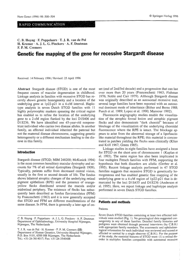 (PDF) Genetic fine mapping of the gene for recessive Stargardt disease