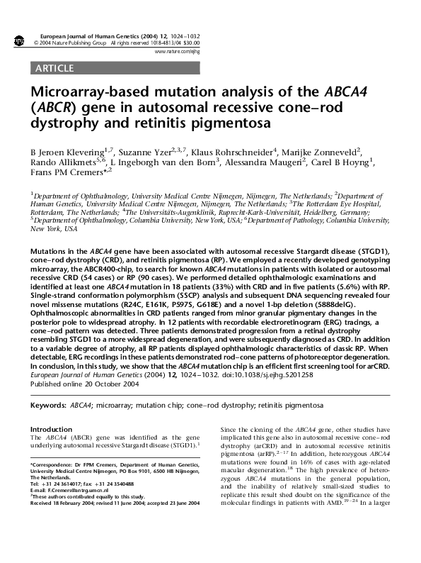 (PDF) Microarray-based mutation analysis of the ABCA4 (ABCR) gene in autosomal recessive cone ...