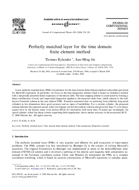 (PDF) Perfectly matched layer for the time domain finite element method (PDF) Perfectly matched layer for the time domain finite element method