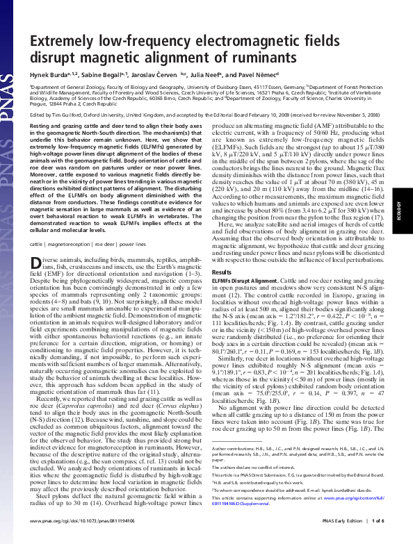 (PDF) Extremely low-frequency electromagnetic fields disrupt magnetic alignment of ruminants