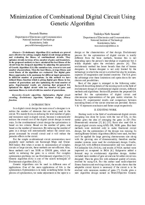Pdf Minimization Of Combinational Digital Circuit Using Genetic Algorithm