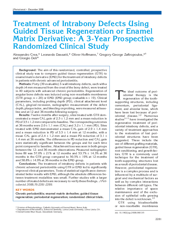 (PDF) Treatment of Intrabony Defects Using Guided Tissue Regeneration or Enamel Matrix ...