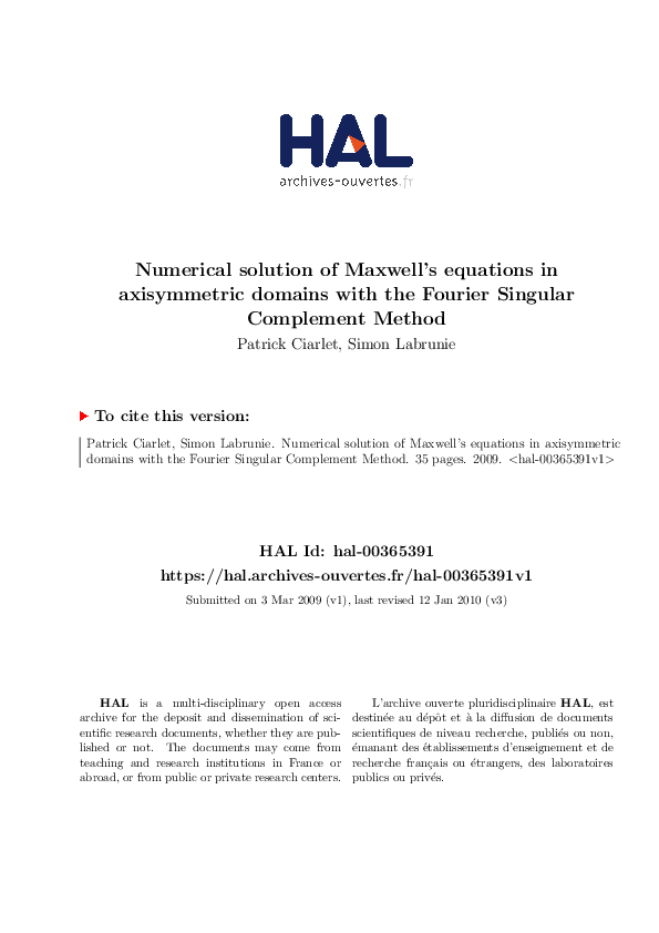 (PDF) Numerical solution of Maxwell's equations in axisymmetric domains with the Fourier ...