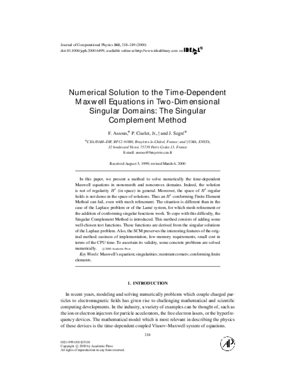 (PDF) Numerical Solution to the Time-Dependent Maxwell Equations in Two-Dimensional Singular ...
