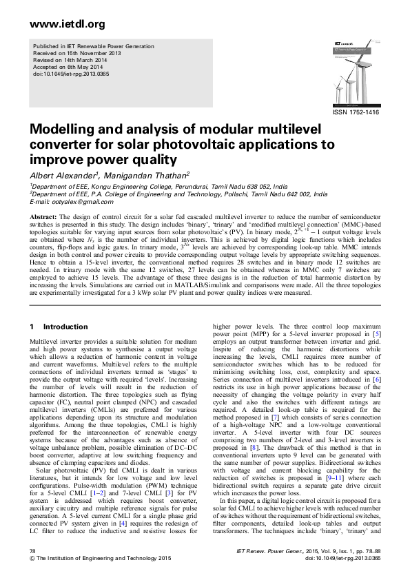Pdf Modelling And Analysis Of Modular Multilevel Converter For Solar Photovoltaic Applications