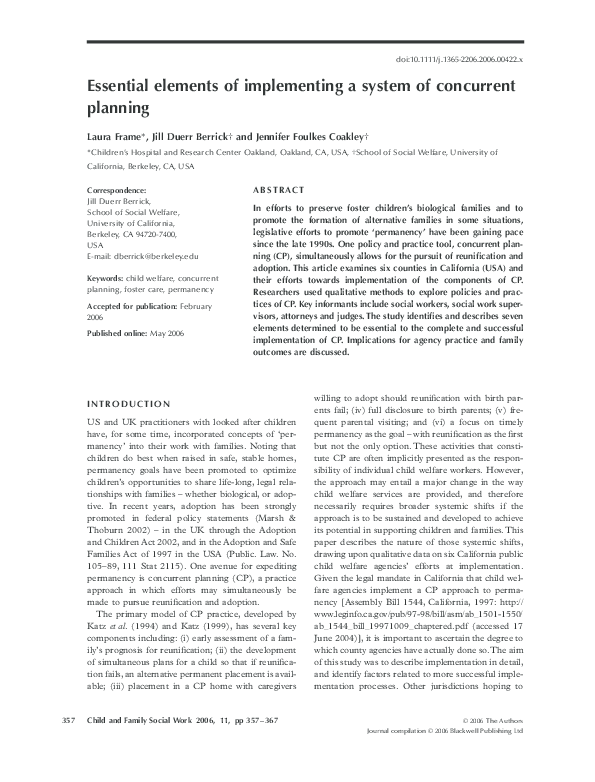 (PDF) Essential elements of implementing a system of concurrent planning