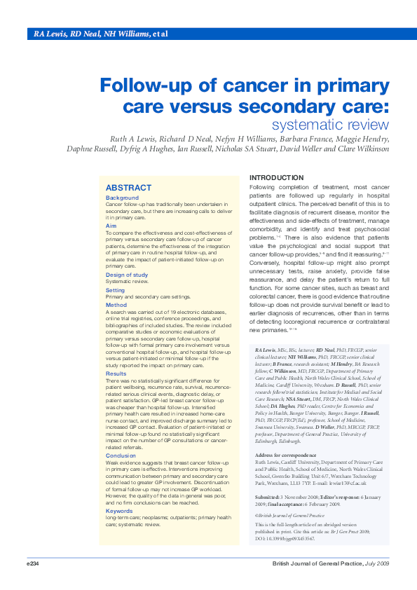(PDF) Follow-up of cancer in primary care versus secondary care ...
