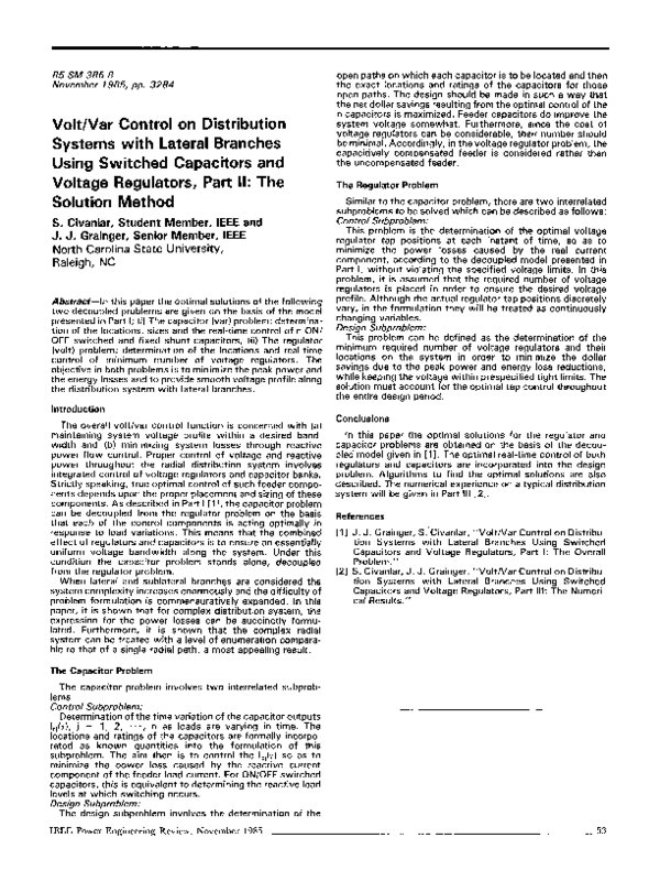 (PDF) Volt/Var Control on Distribution Systems with Lateral Branches Using Switched Capacitors ...