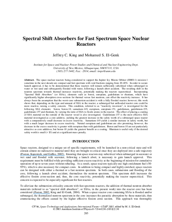 (PDF) Spectral Shift Absorbers for Fast Spectrum Space Nuclear Reactors