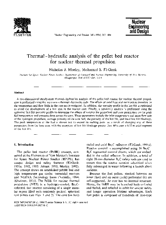 (PDF) Thermal-hydraulic analysis of the pellet bed reactor for nuclear thermal propulsion