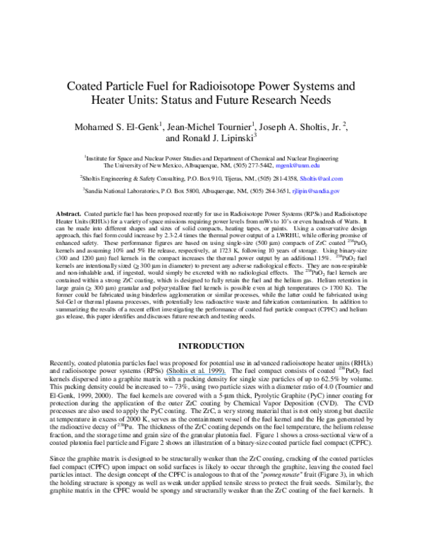 (PDF) Coated particle fuel for radioisotope power systems (RPSs) and ...