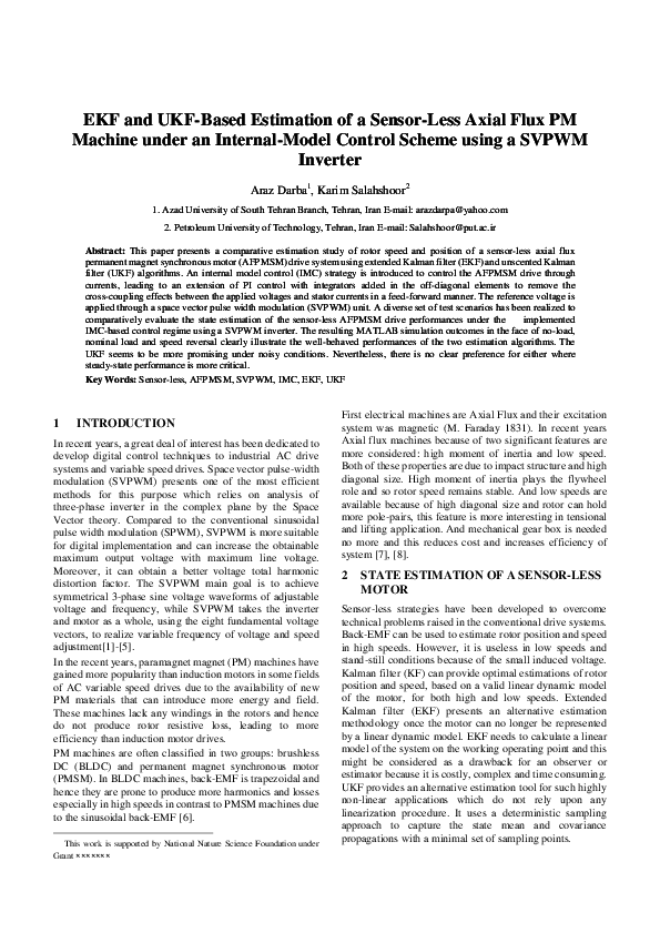 Pdf Ekf And Ukf Based Estimation Of A Sensor Less Axial Flux Pm Machine Under An Internal