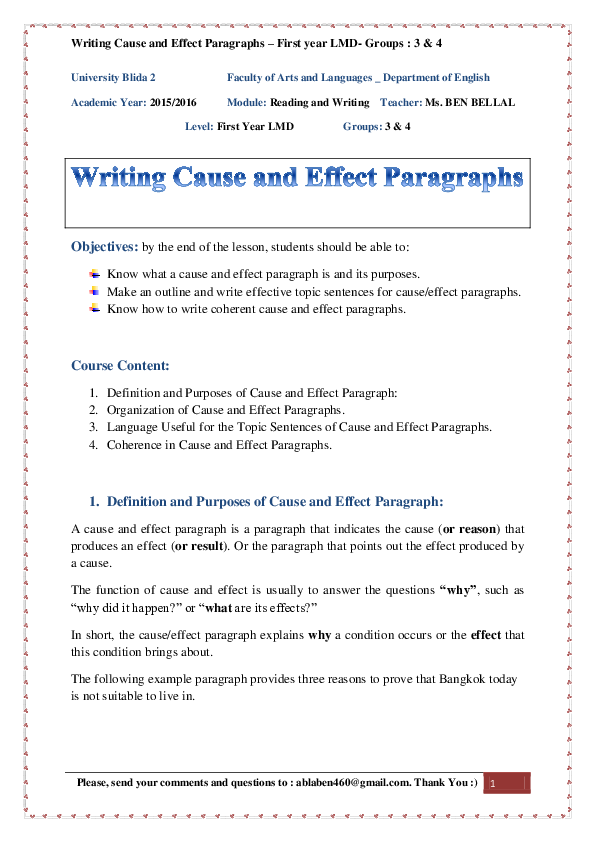 (PDF) Writing Cause and Effect Paragraphs – First year LMD | Abla ...