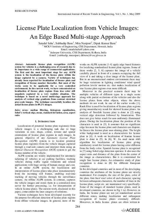 (PDF) License Plate localization from vehicle images: An edge based multi-stage approach