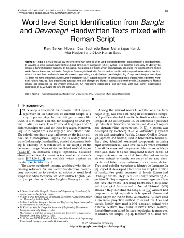 Pdf Word Level Script Identification From Bangla And Devanagri Handwritten Texts Mixed With