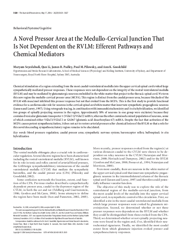 (PDF) A Novel Pressor Area at the Medullo-Cervical Junction That Is Not ...