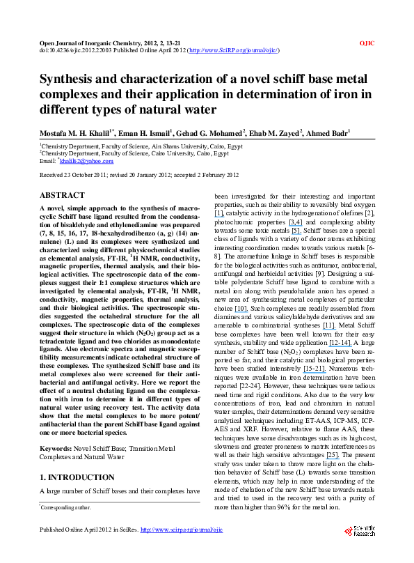 (PDF) Synthesis and characterization of a novel Schiff base metal complexes and their ...