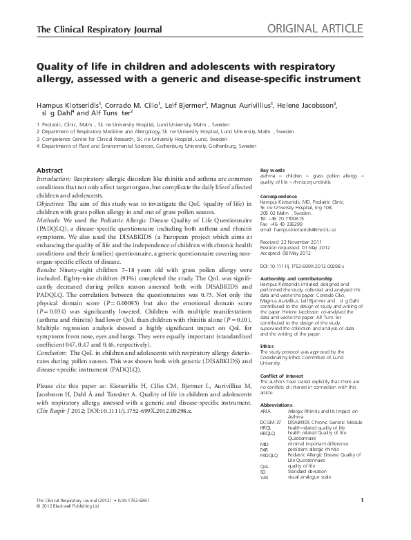 (PDF) Quality of Life in Children and Adolescents with Cystic Fibrosis