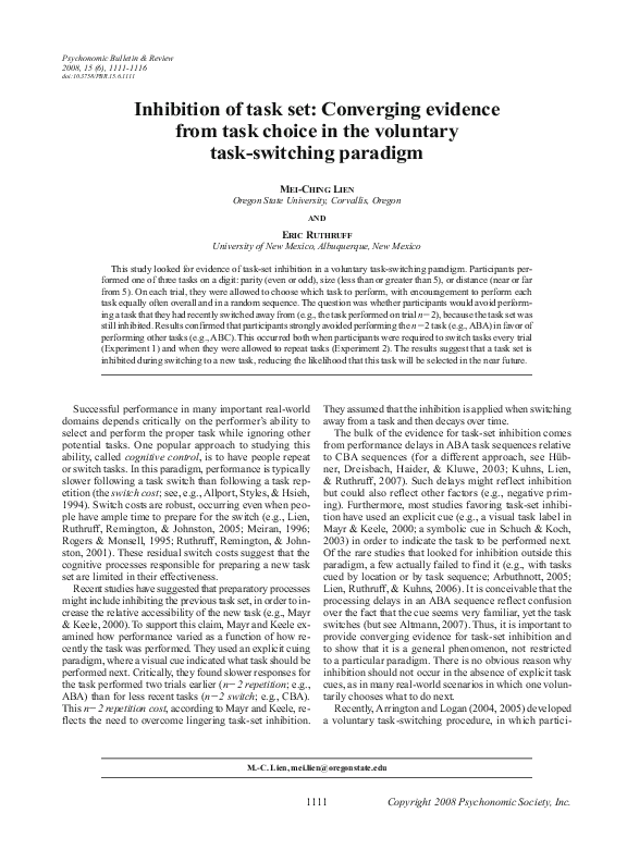 (PDF) Inhibition of task set: Converging evidence from task choice in the voluntary task ...