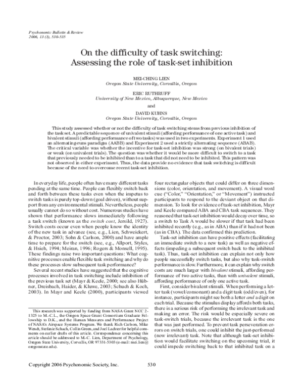 (PDF) On the difficulty of task switching: Assessing the role of task-set inhibition | Eric ...